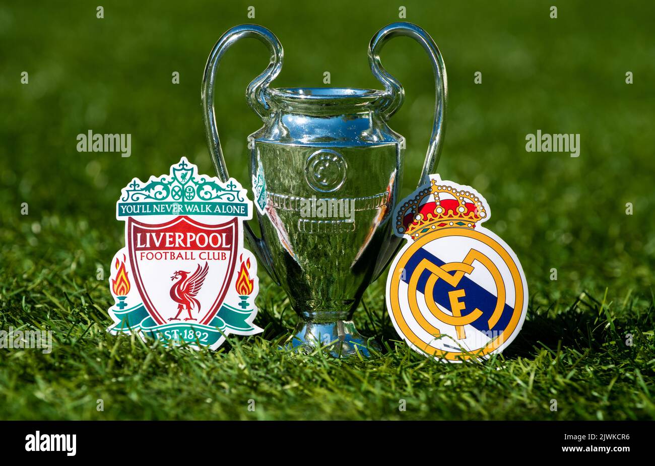 May 22, 2022, Paris, France. Emblems of the finalists of the UEFA ...