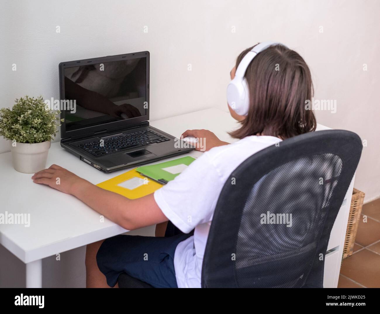 Teen studying at home, looking at a laptop. Caucasian teen boy engaged ...