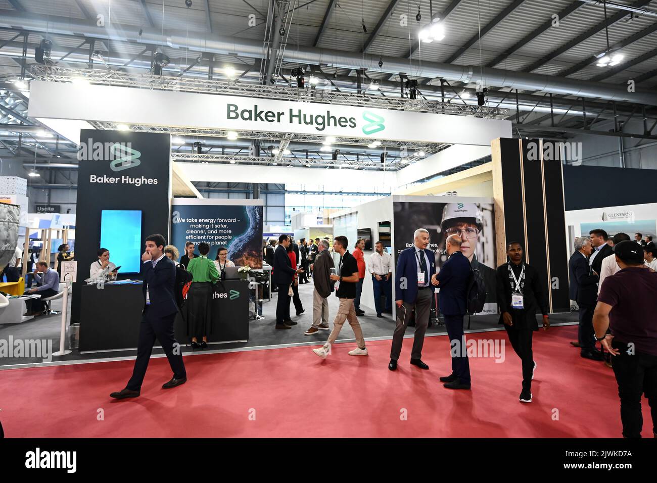 MILAN, ITALY - SEPTEMBER 6, 2022: a view of the Baker Hughes stand during Gastech 2022 trade ...