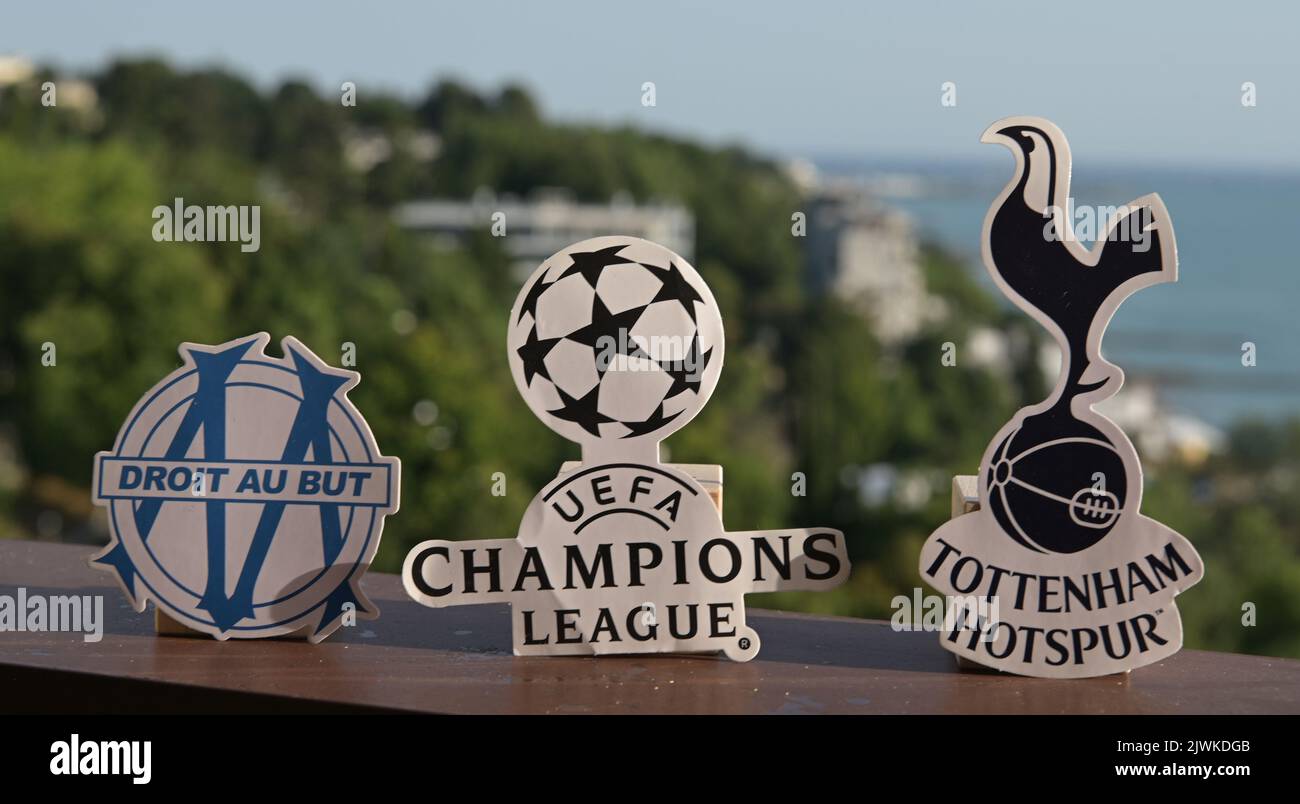 August 26, 2022, Sochi, Russia. Emblems of the football clubs ...