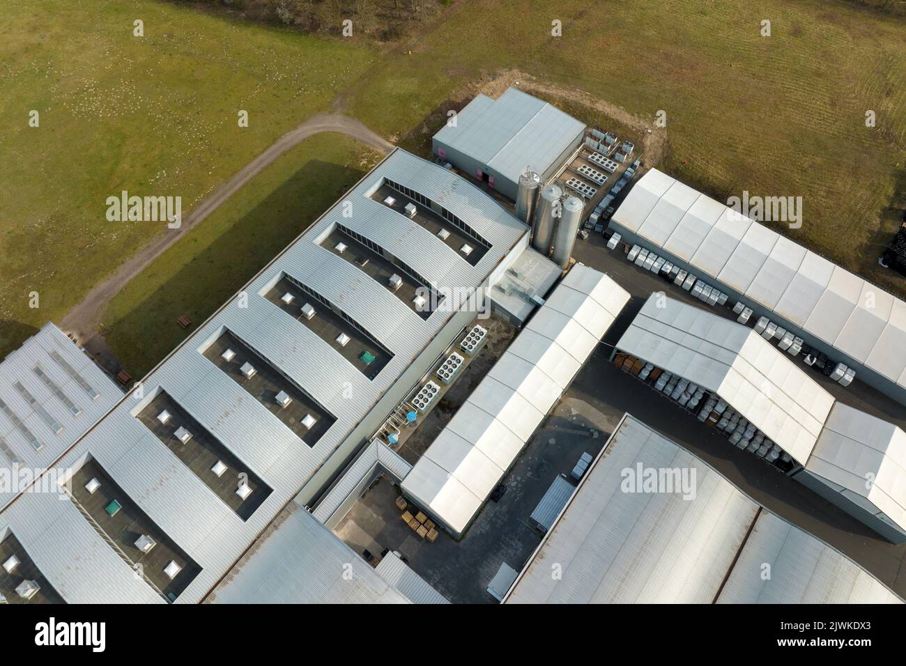 Aerial view of new factory building for producing and shipping of ...