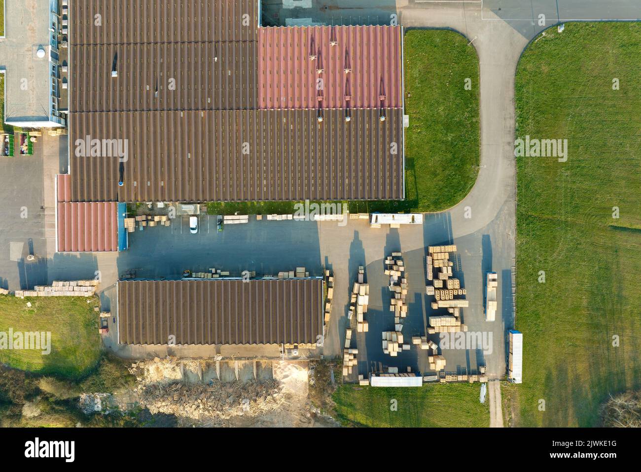 Aerial view of new factory building for producing and shipping of ...