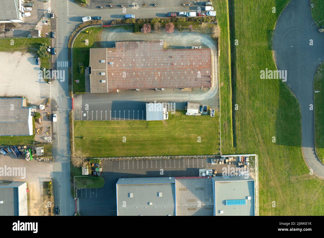 Aerial view of new factory building for producing and shipping of ...