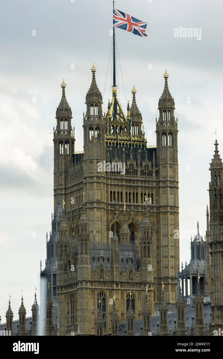 Victoria Tower, Palace of Westminster flying the Union Jack Stock Photo ...