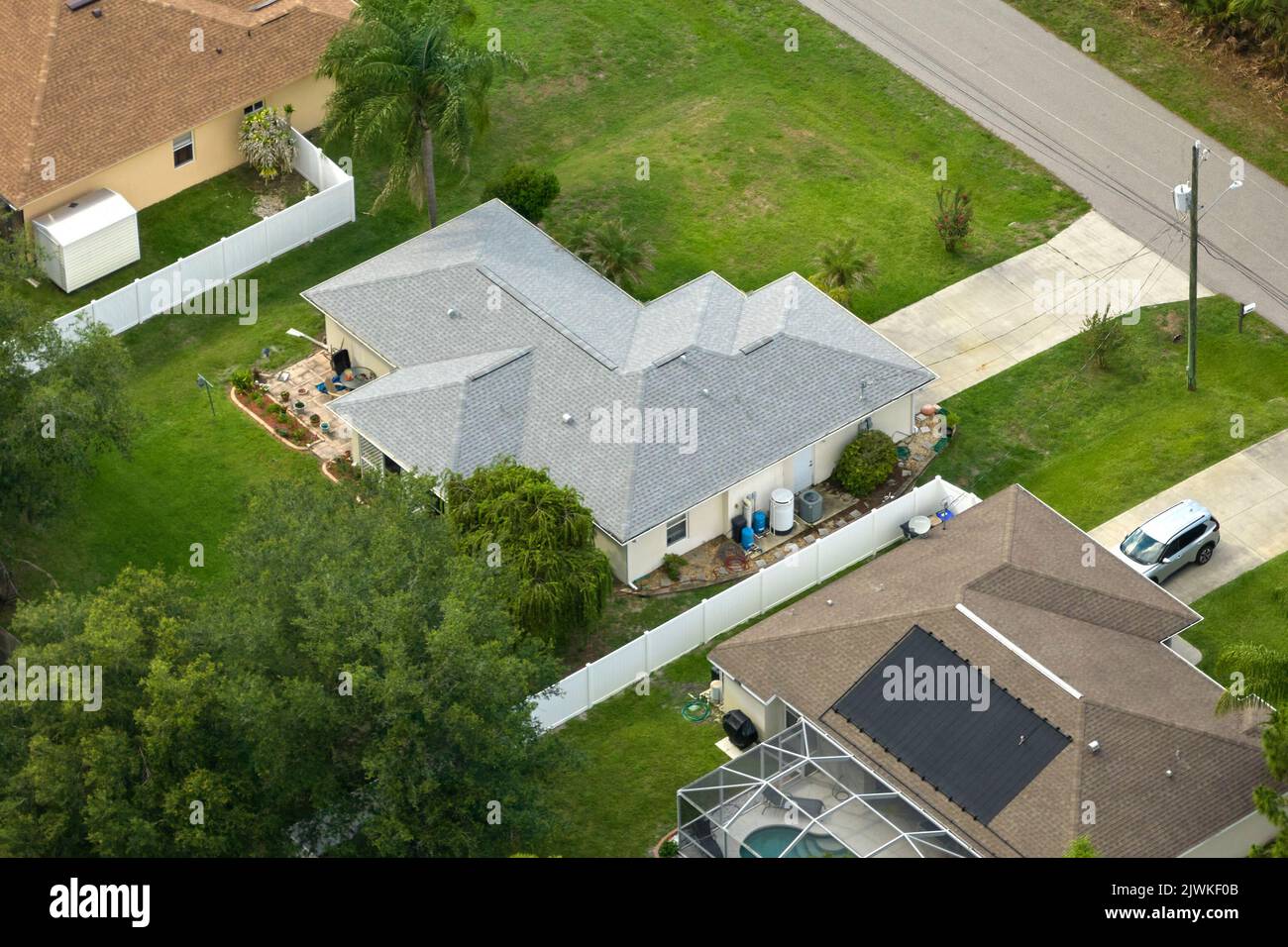 Aerial view of small town America suburban landscape with private homes ...