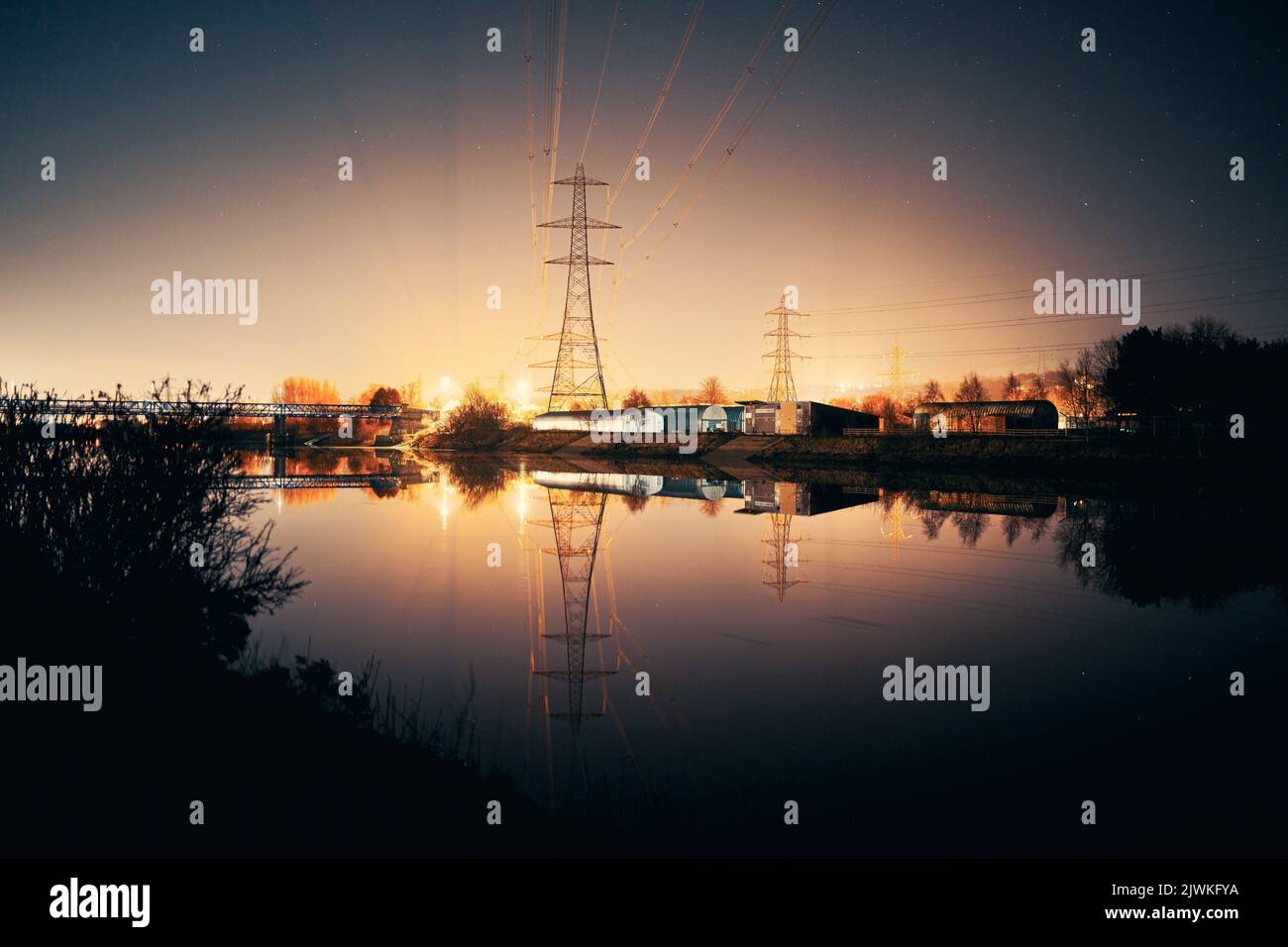 Newburn UK: 6th march 2022: Newburn Riverside at night electric pylons ...