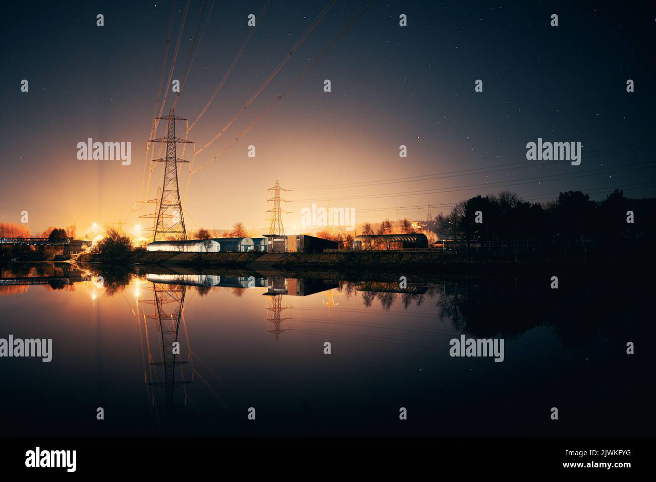 Newburn UK: 6th march 2022: Newburn Riverside at night electric pylons ...