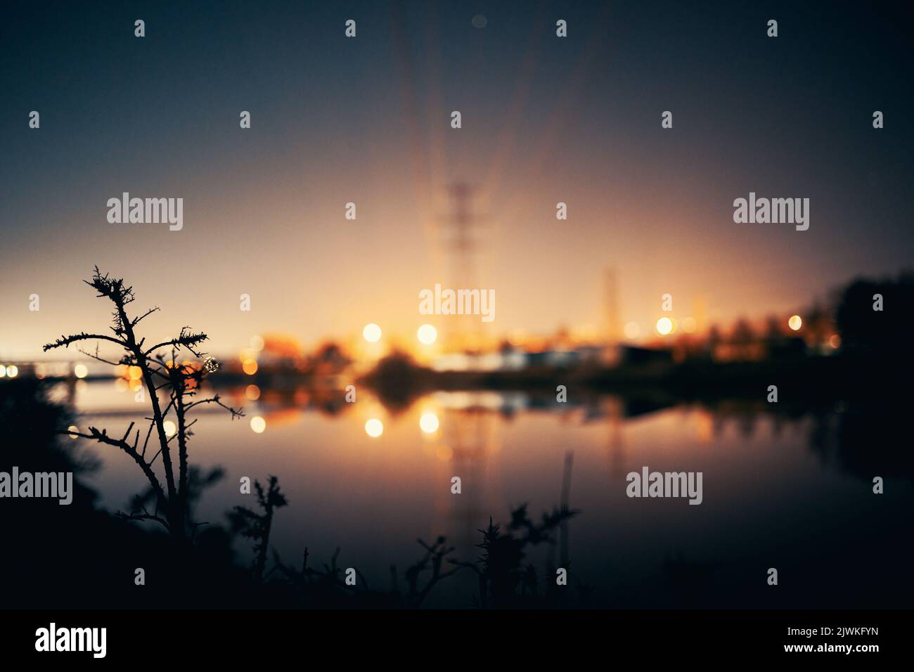 Newburn UK: 6th march 2022: Newburn Riverside at night electric pylons ...