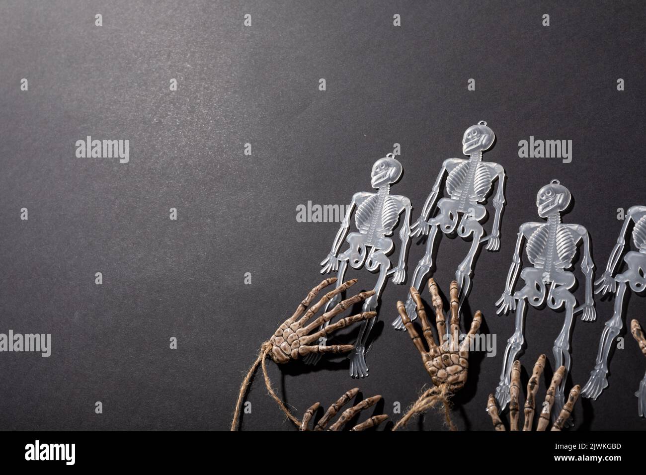 Multiple skeleton toys and skeleton hands with copy space on grey ...
