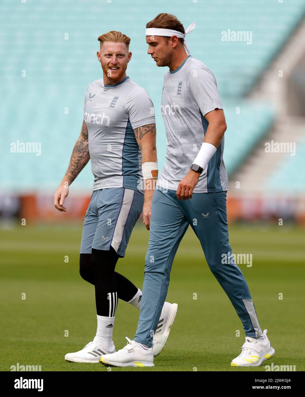England's Ben Stokes and Stuart Broad during at nets session at the Kia Oval, London. Picture ...