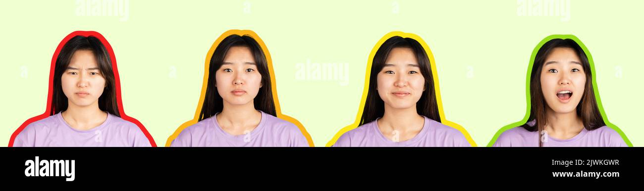 Set of girl's emotions. Young pretty girl showing different emotions on ...