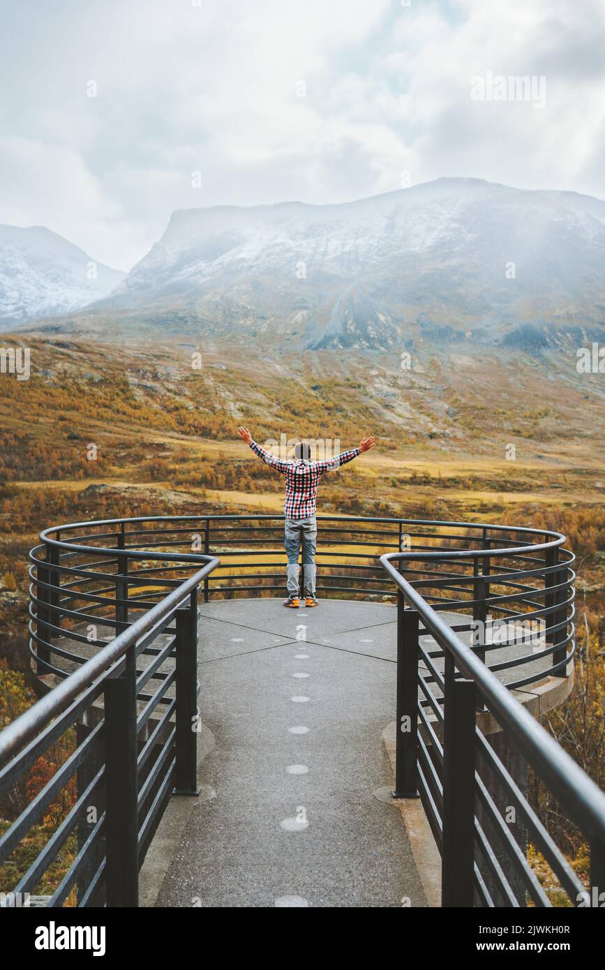 Man enjoying autumn landscape on Vegaskjelet viewpoint travel outdoor ...