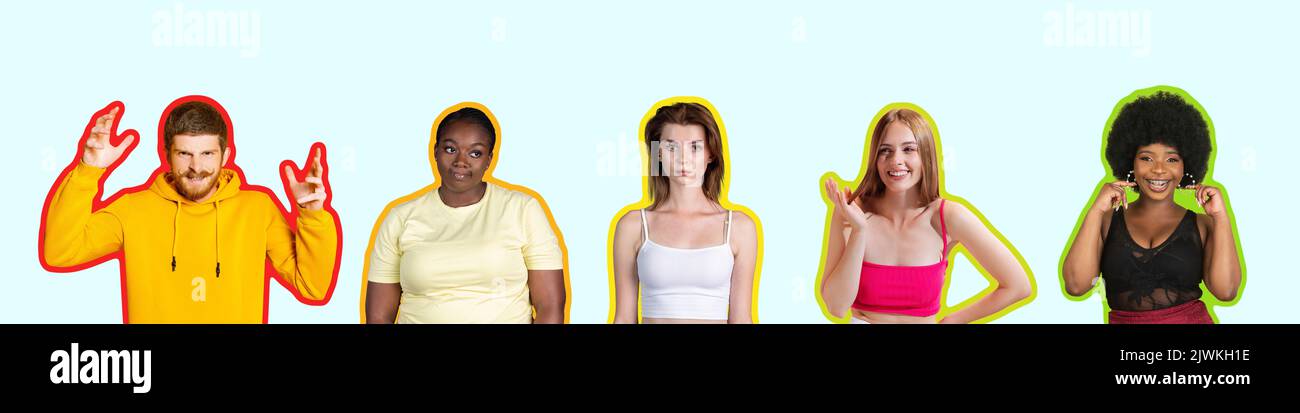 Group of young man and women expressing different emotions with ...