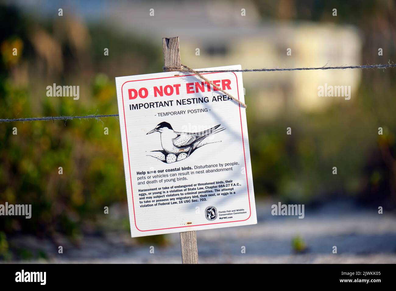 Signboard with warning about nesting area of sea birds on seaside beach ...