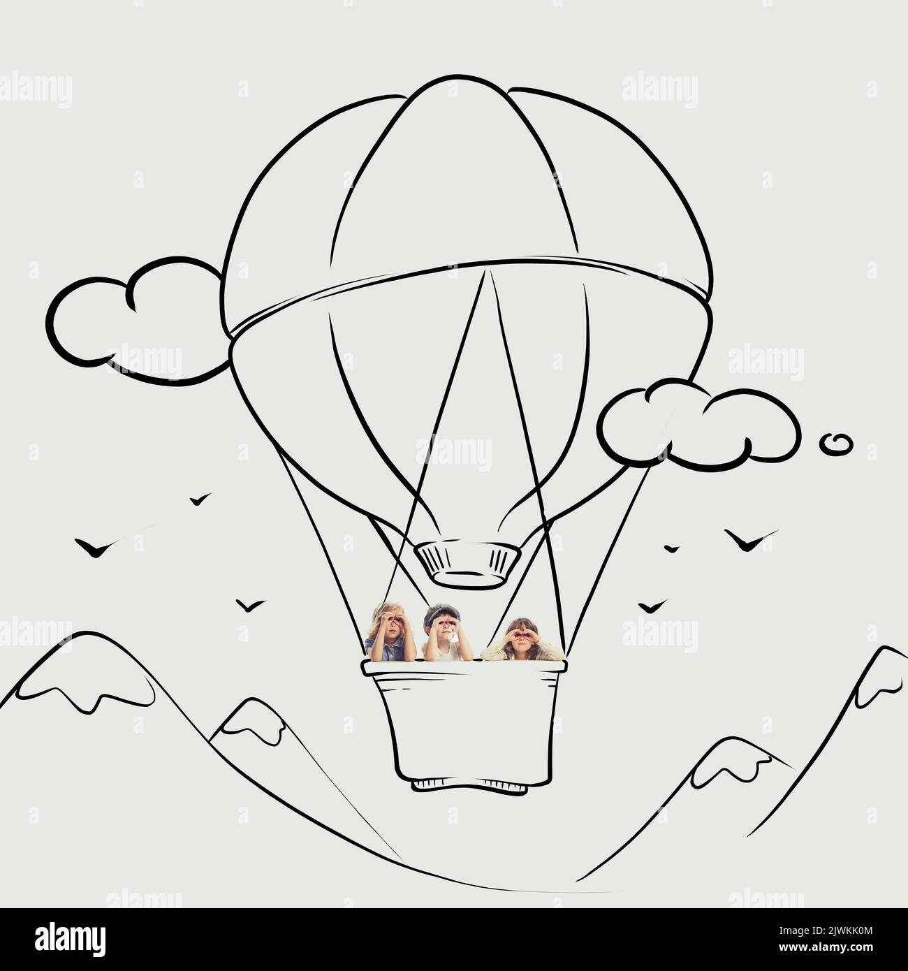 Cheerful, playful children, boy and girls having dream to fly on air ...