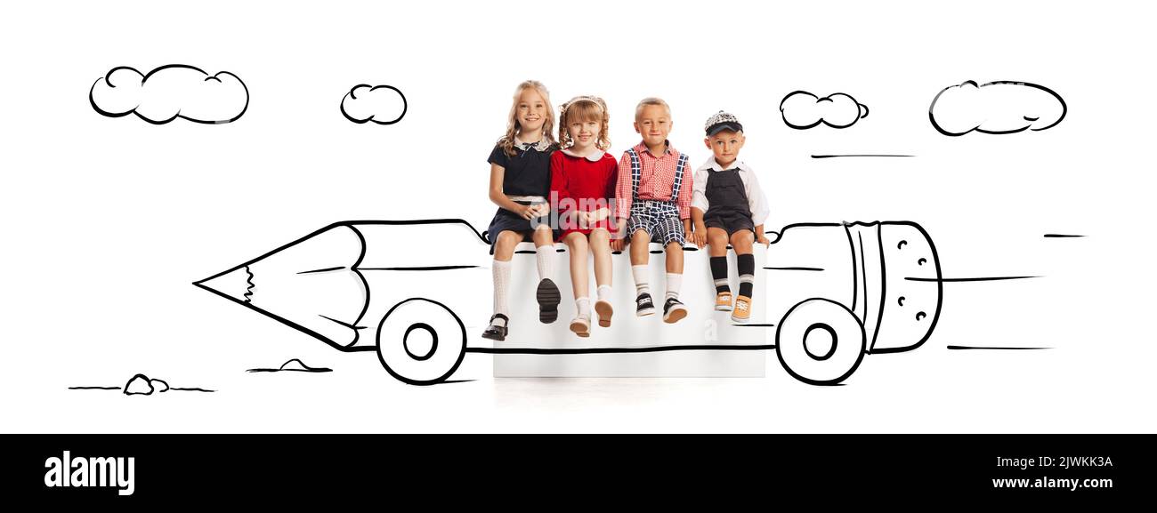 Group of little girls and boys, children sitting on drawing pencil ...