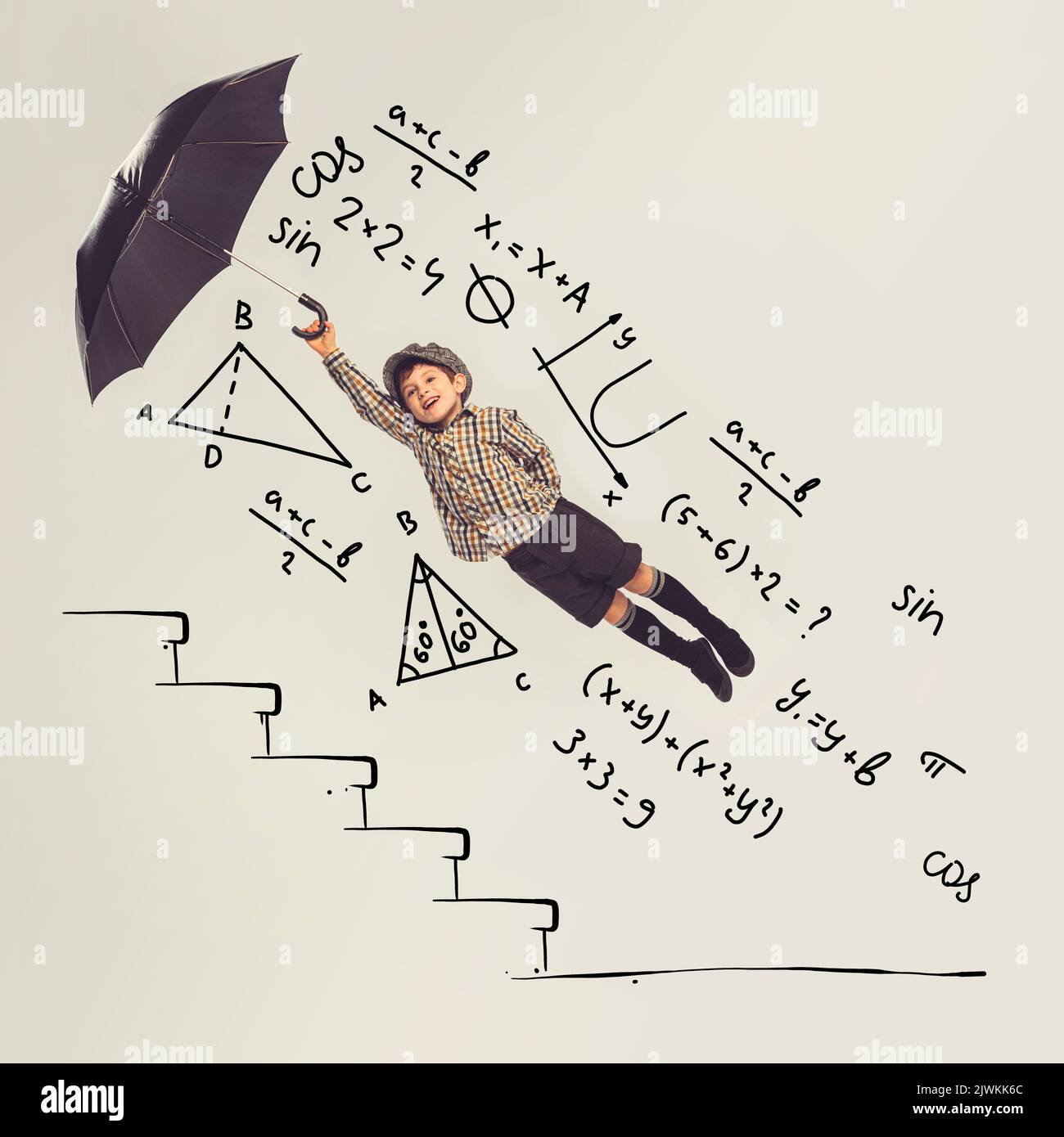 Creative design with drawn elements. Little boy, child flying with ...