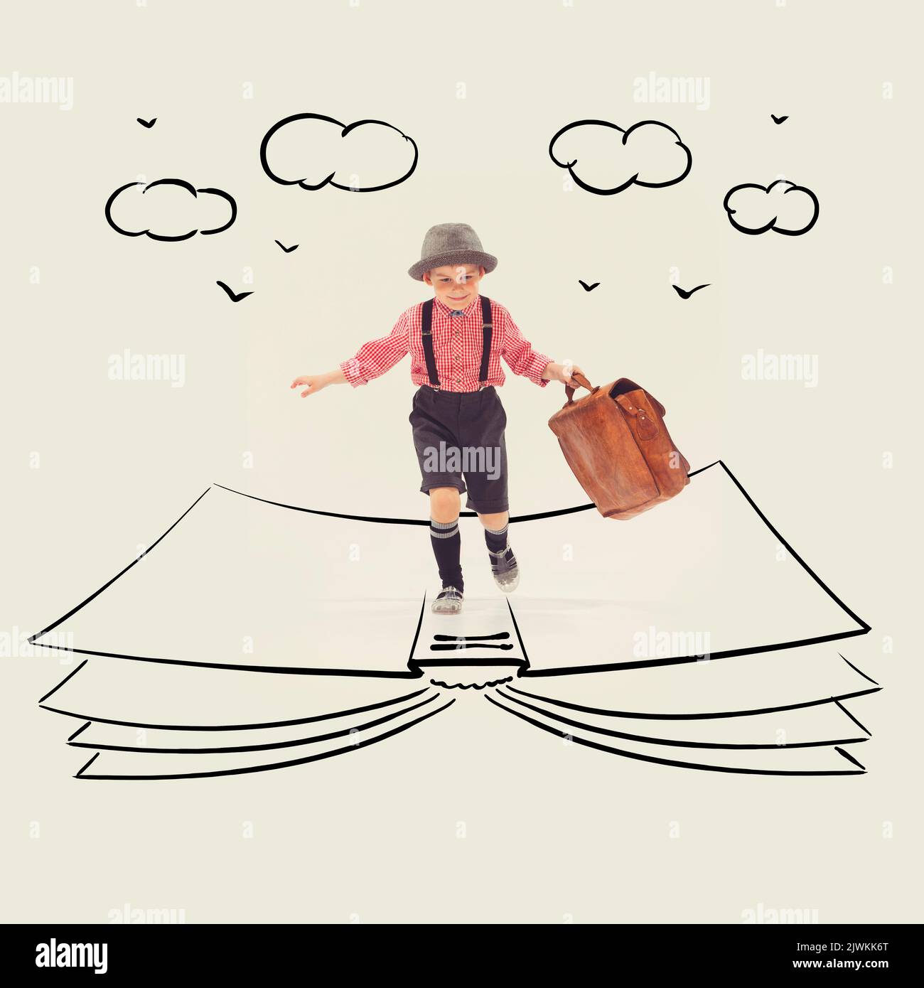 Playful, stylish boy stepping on drawn open book. Back to school. Study ...
