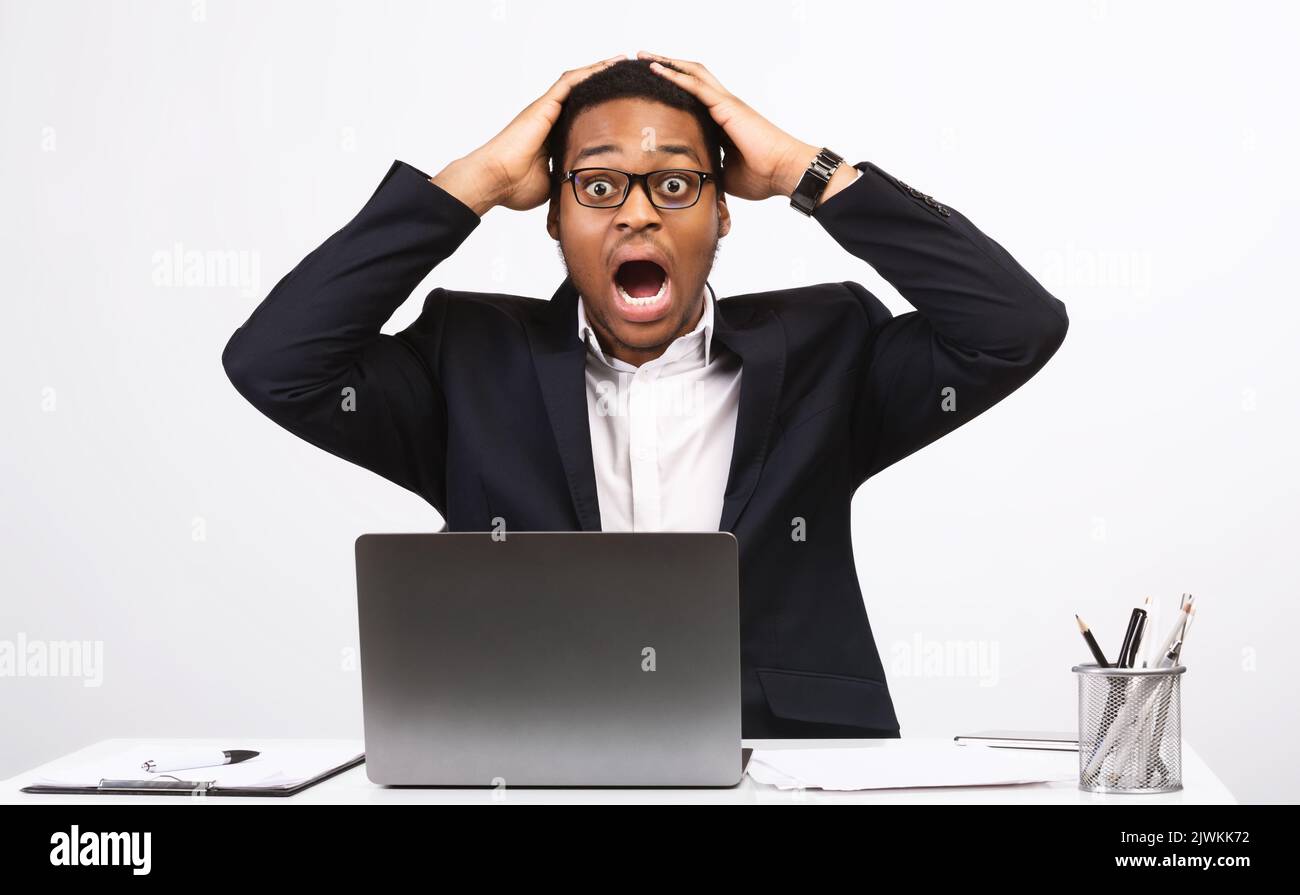 Shocked African Businessman At Laptop Shouting Having Problem, White ...