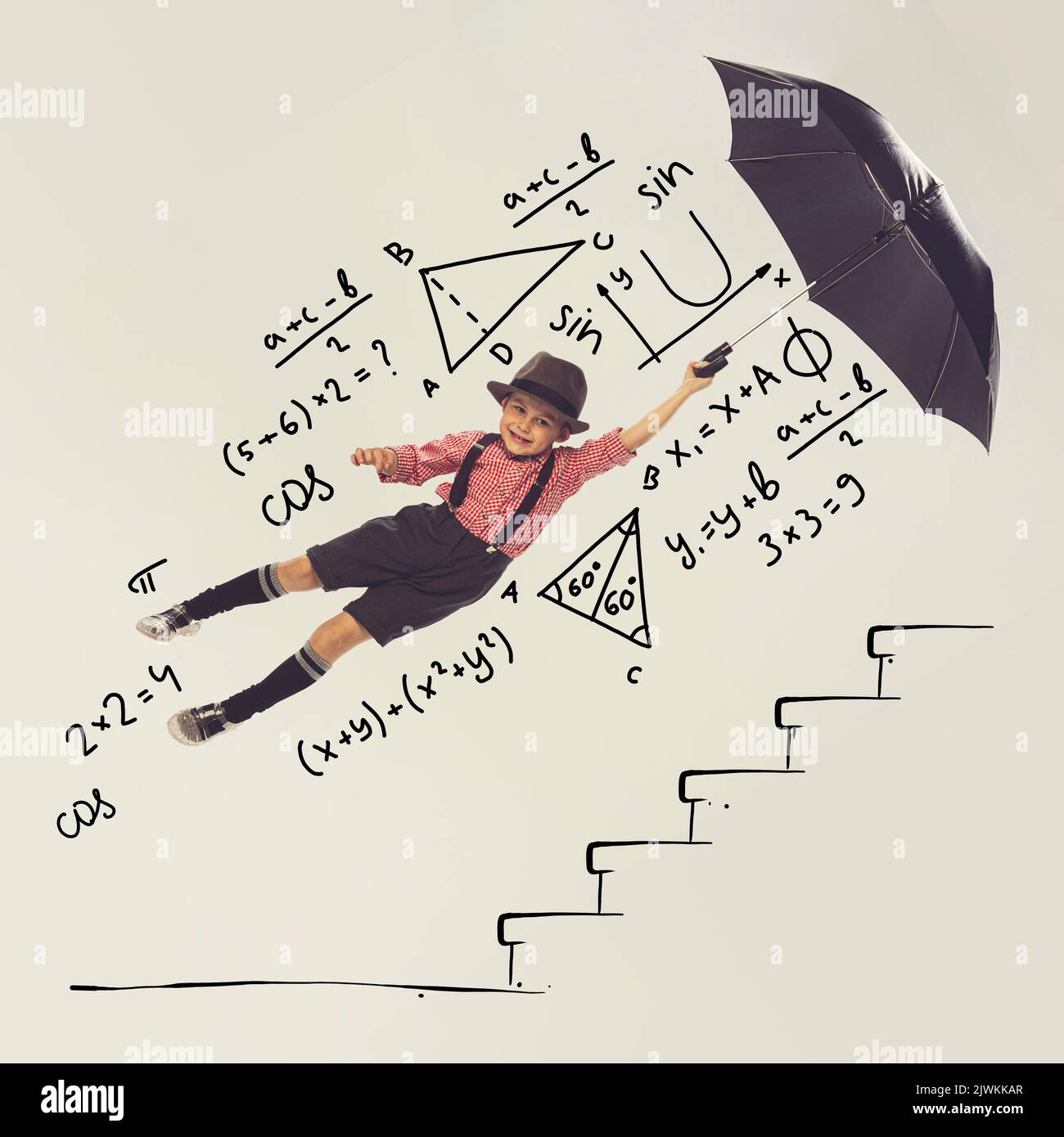 Creative design with drawn elements. Little boy, child flying with ...