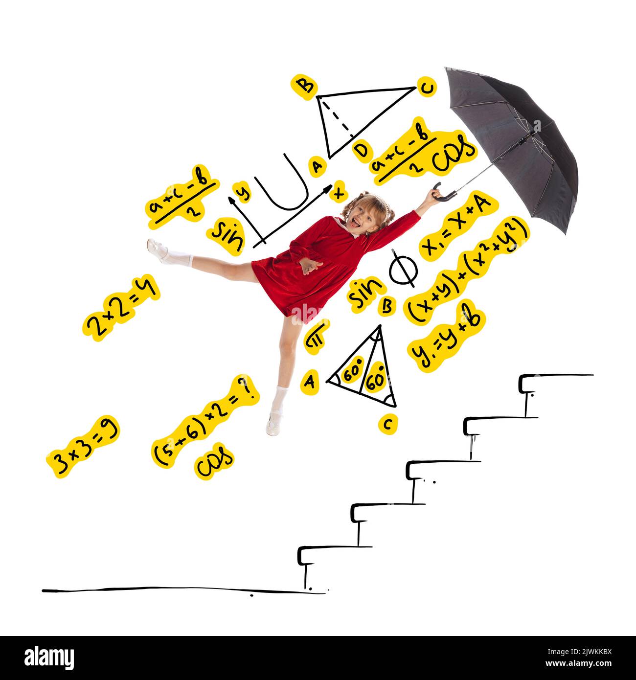 Creative design with drawn elements. Little girl, child flying with ...