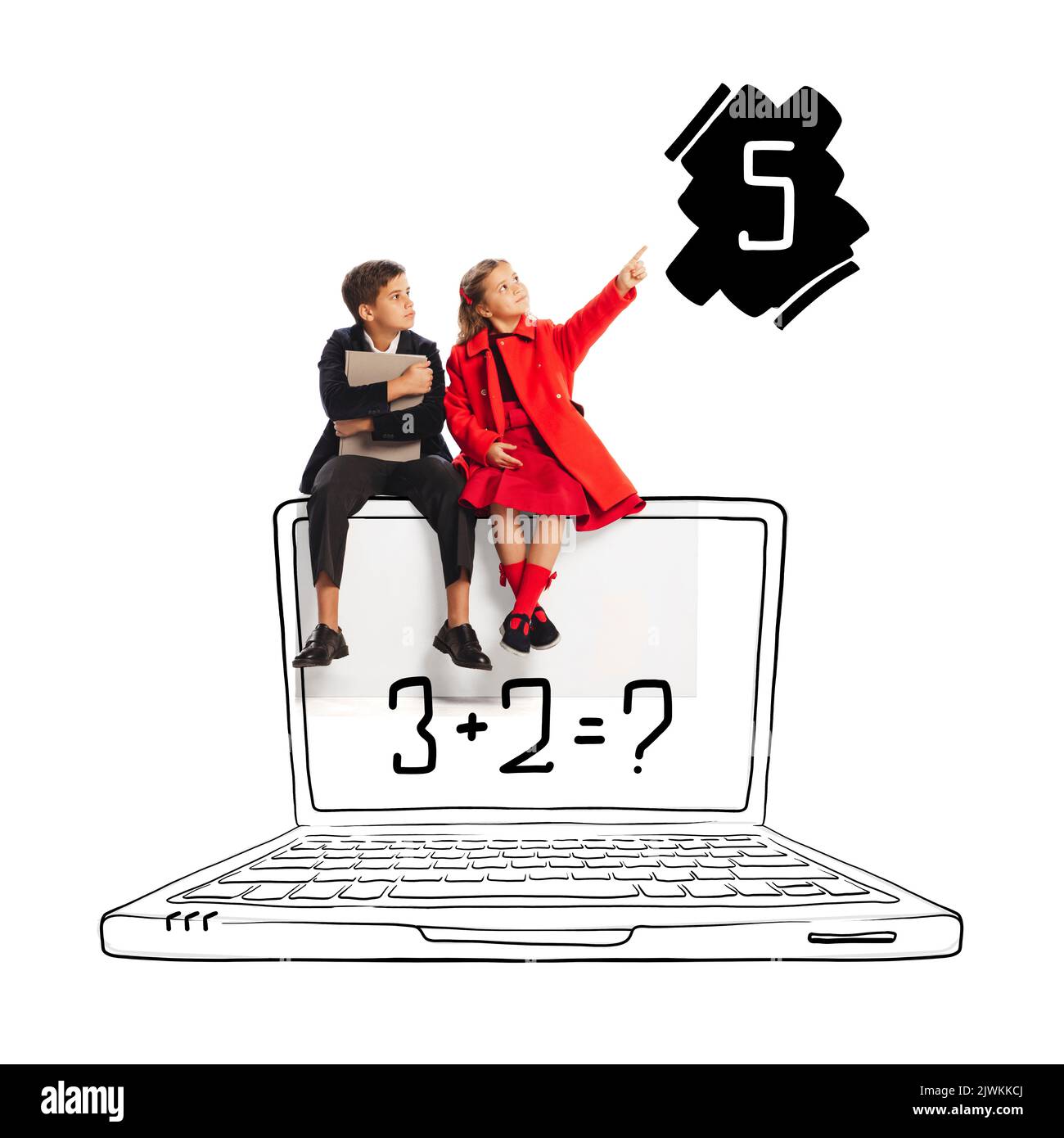 Creative design. Two children, boys and girls sitting on drawn laptop ...