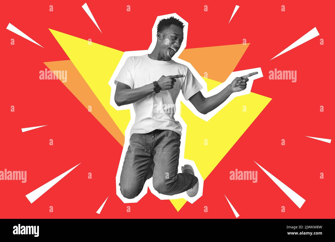 Happy back guy jumping and pointing at copy space, collage Stock Photo ...