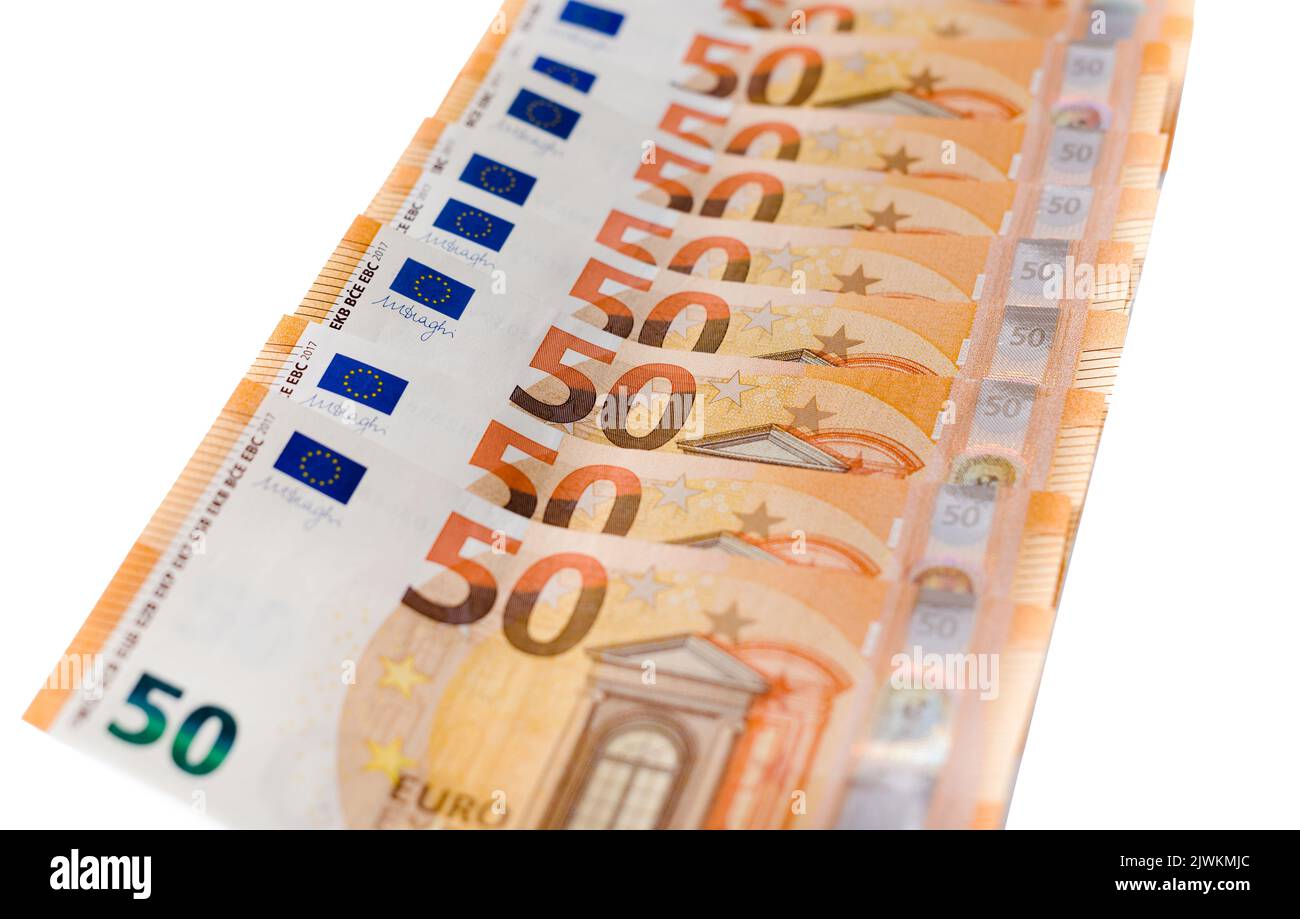 50 Euro banknotes in pattern over white background. Euro banknote as ...
