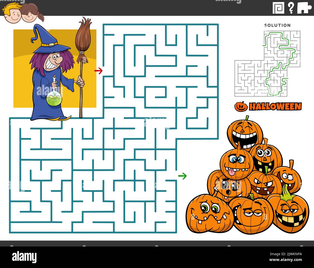 Cartoon illustration of educational maze puzzle game with witch and ...