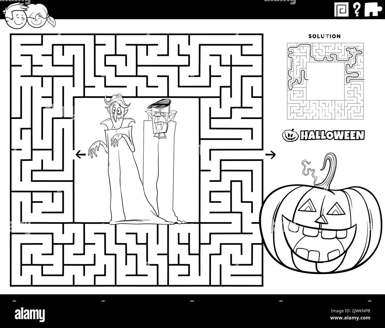 Black and white cartoon illustration of educational maze puzzle game ...