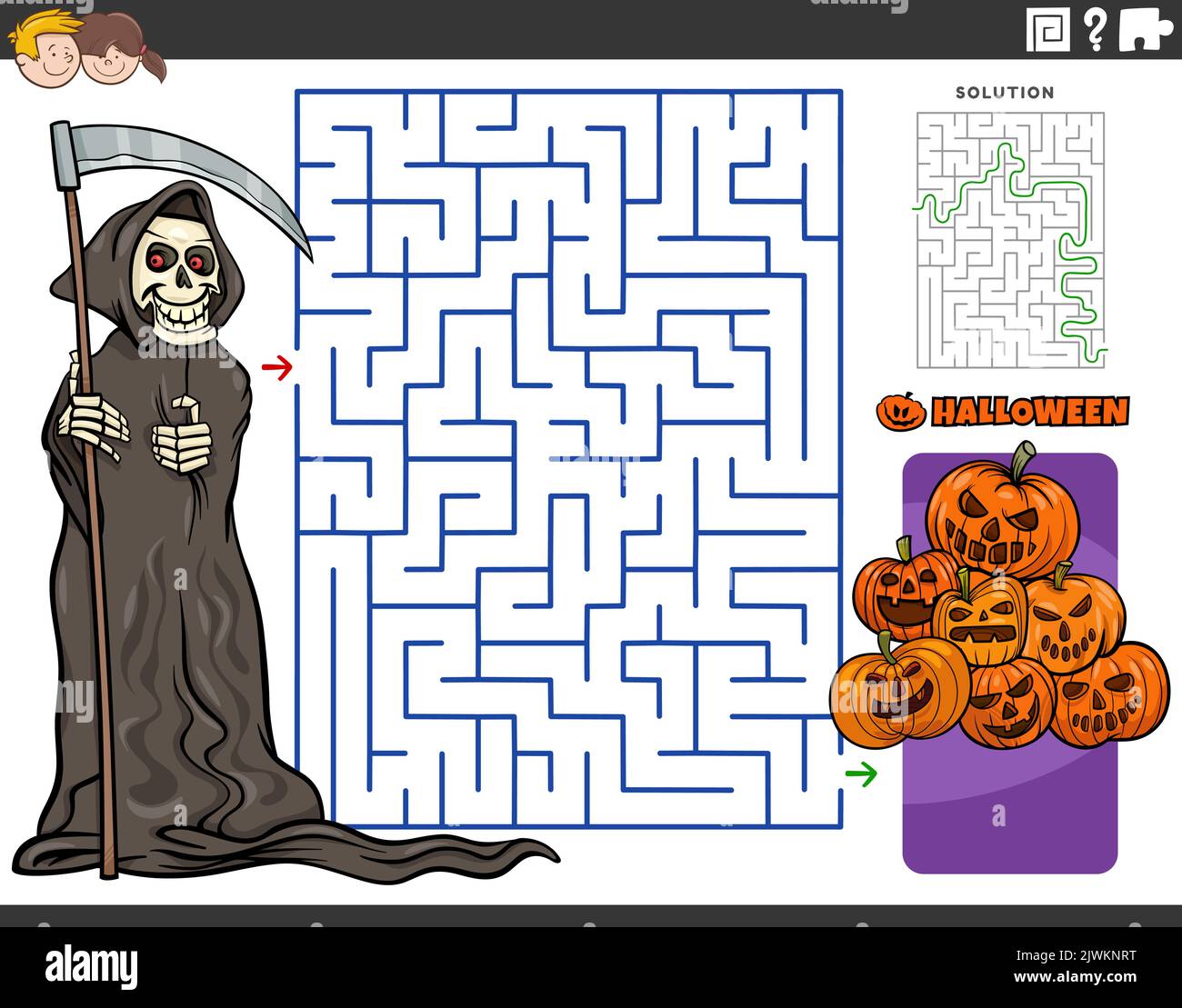 Cartoon illustration of educational maze puzzle game with Grim Reaper ...