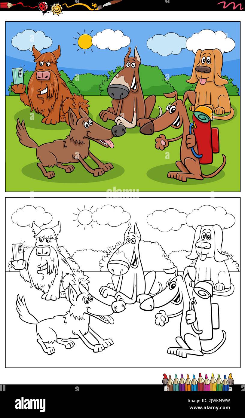 Cartoon illustration of dogs animal comic characters group coloring ...