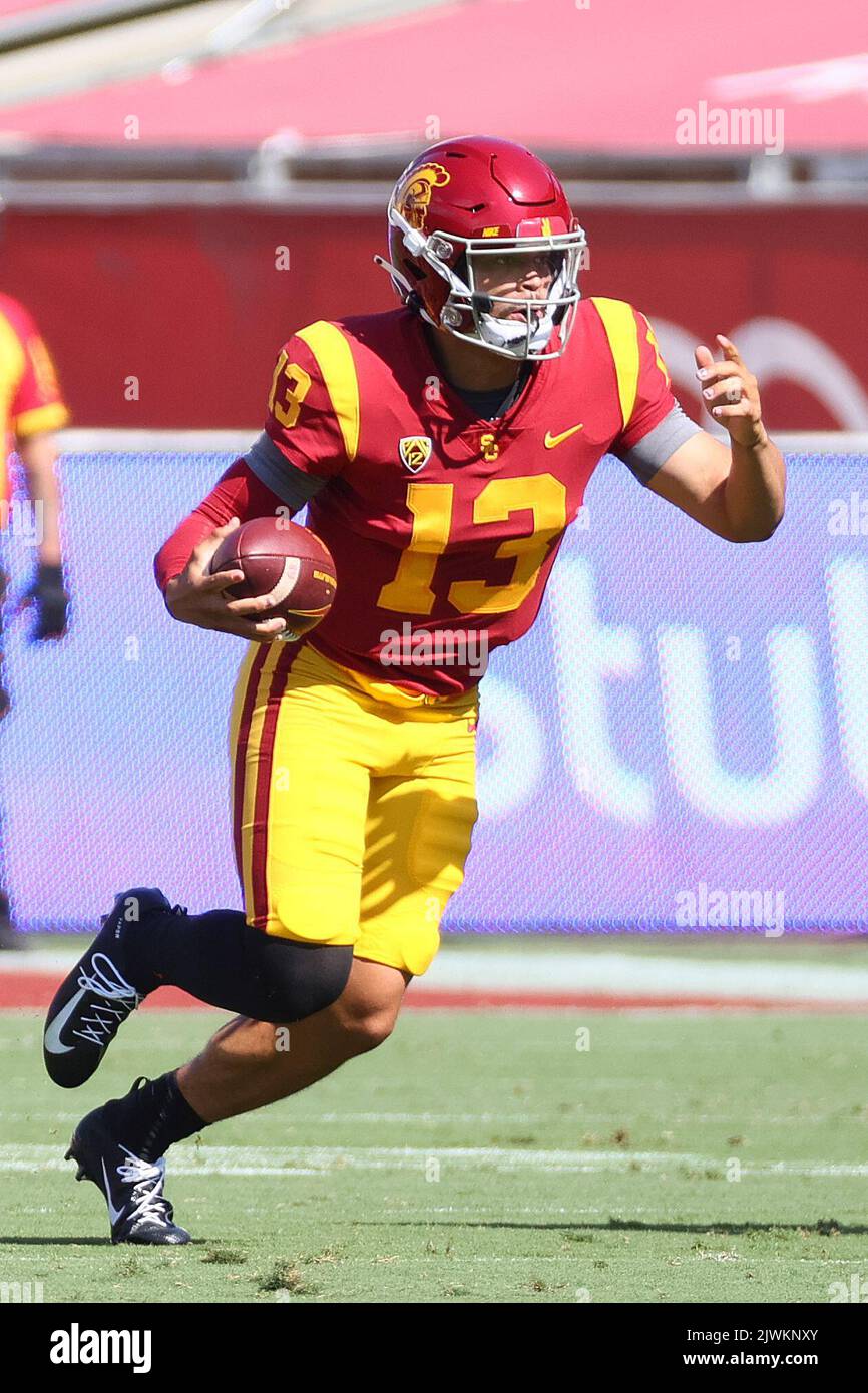 USC Trojans quarterback Caleb Williams (13) runs upfield during an NCAA ...