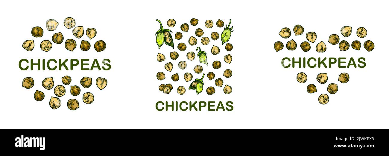Set of colorful chickpeas designs. Hand drawn illustration in colored ...