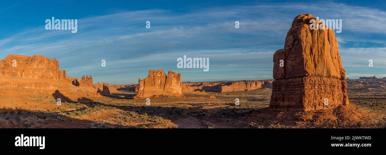 Early morning view of the Courthouse Towers section of Arches National ...