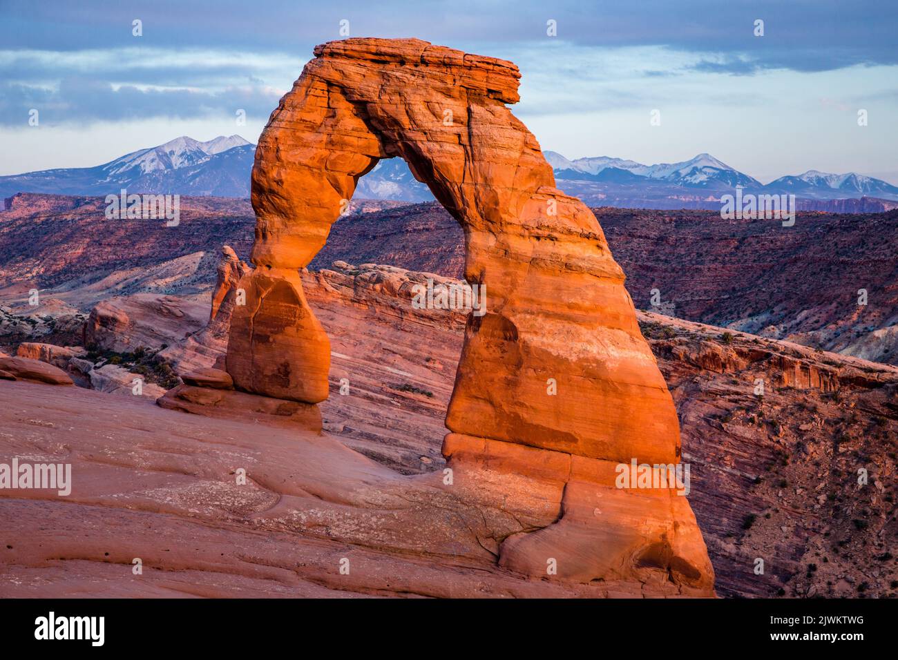Delicate Arch in Arches National Park with the snow-capped La Sal ...
