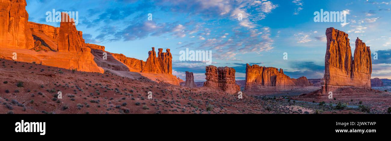 Early morning view of the Courthouse Towers section of Arches National ...