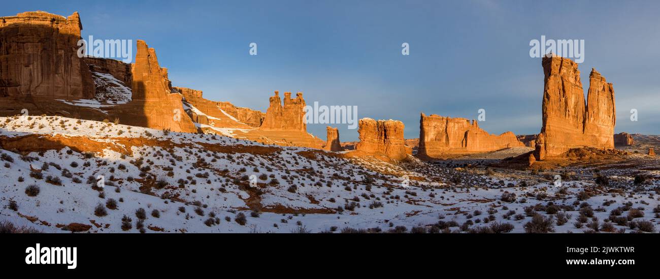 Winter snow in the Courthouse Towers section of Arches National Park ...