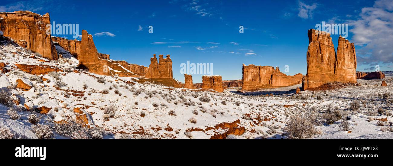 Winter snow in the Courthouse Towers section of Arches National Park ...