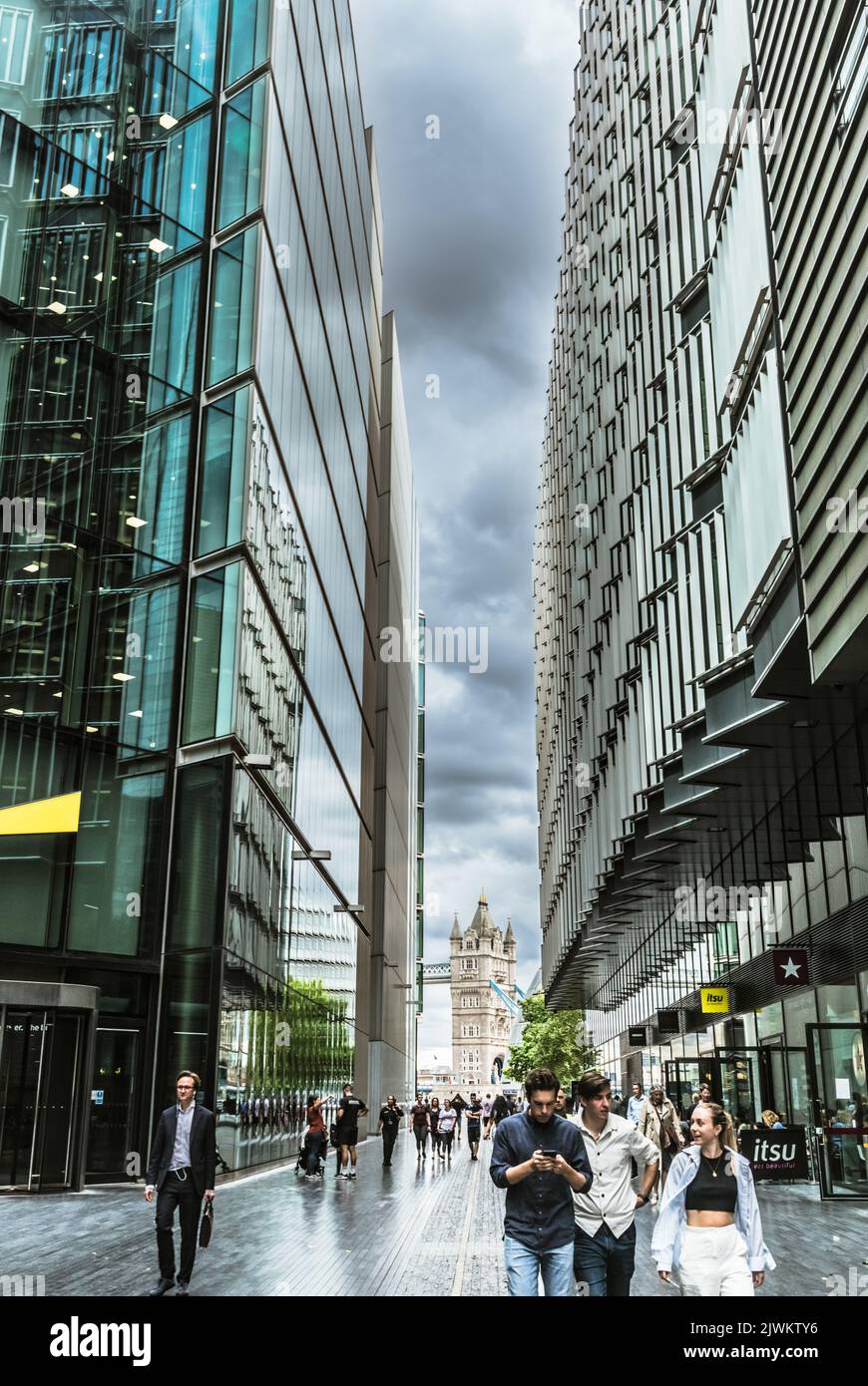 Tower Bridge through the buildings Stock Photo - Alamy