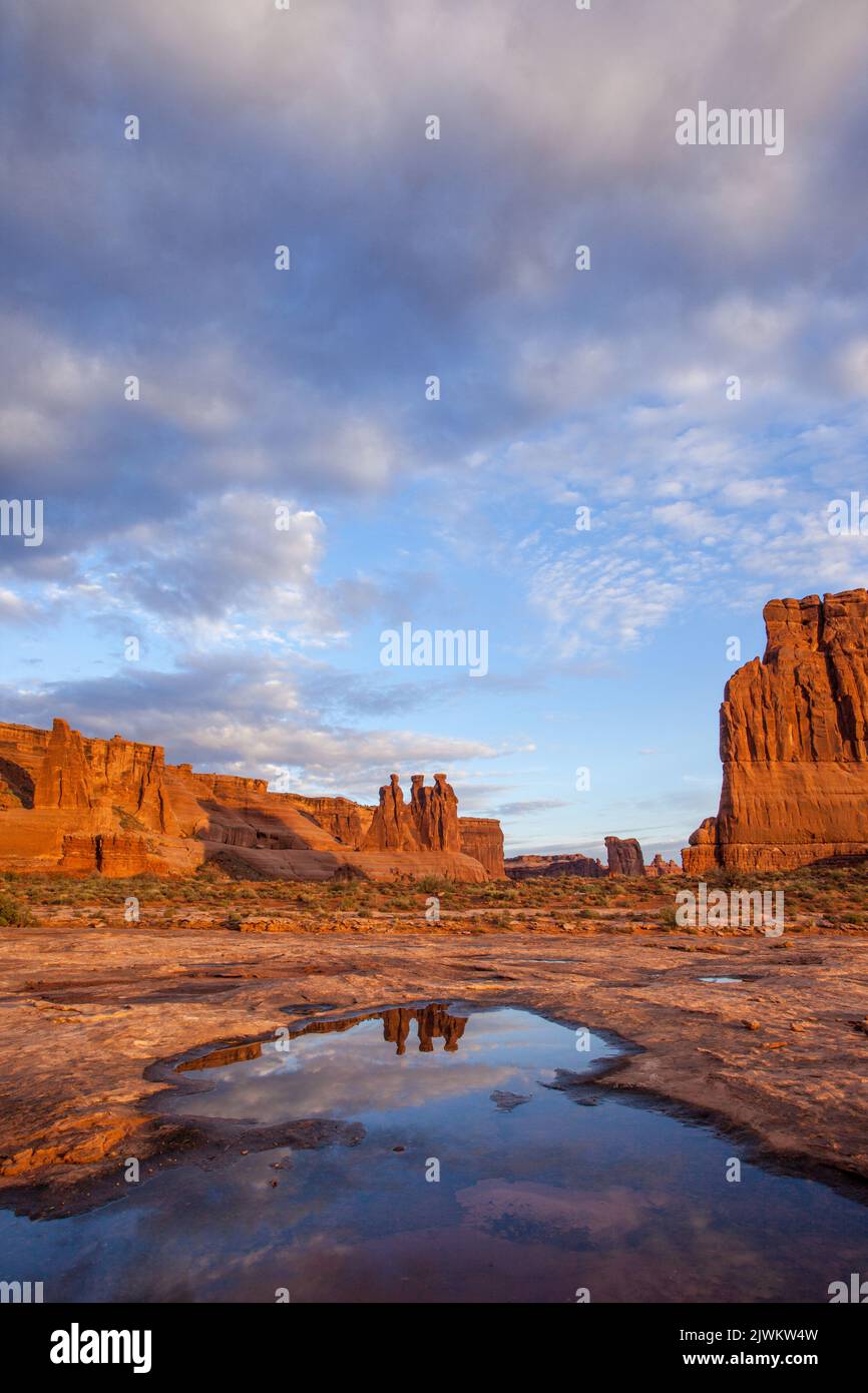 The Three Gossips reflected in an ephemeral rainwater pool in Arches ...