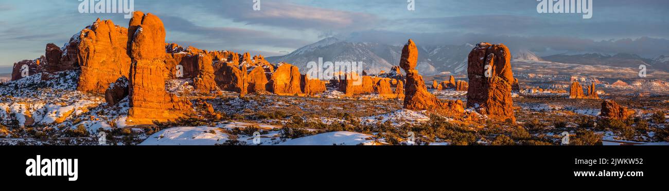 Panorama of Balanced Rock in winter snow in Arches National Park, Moab ...