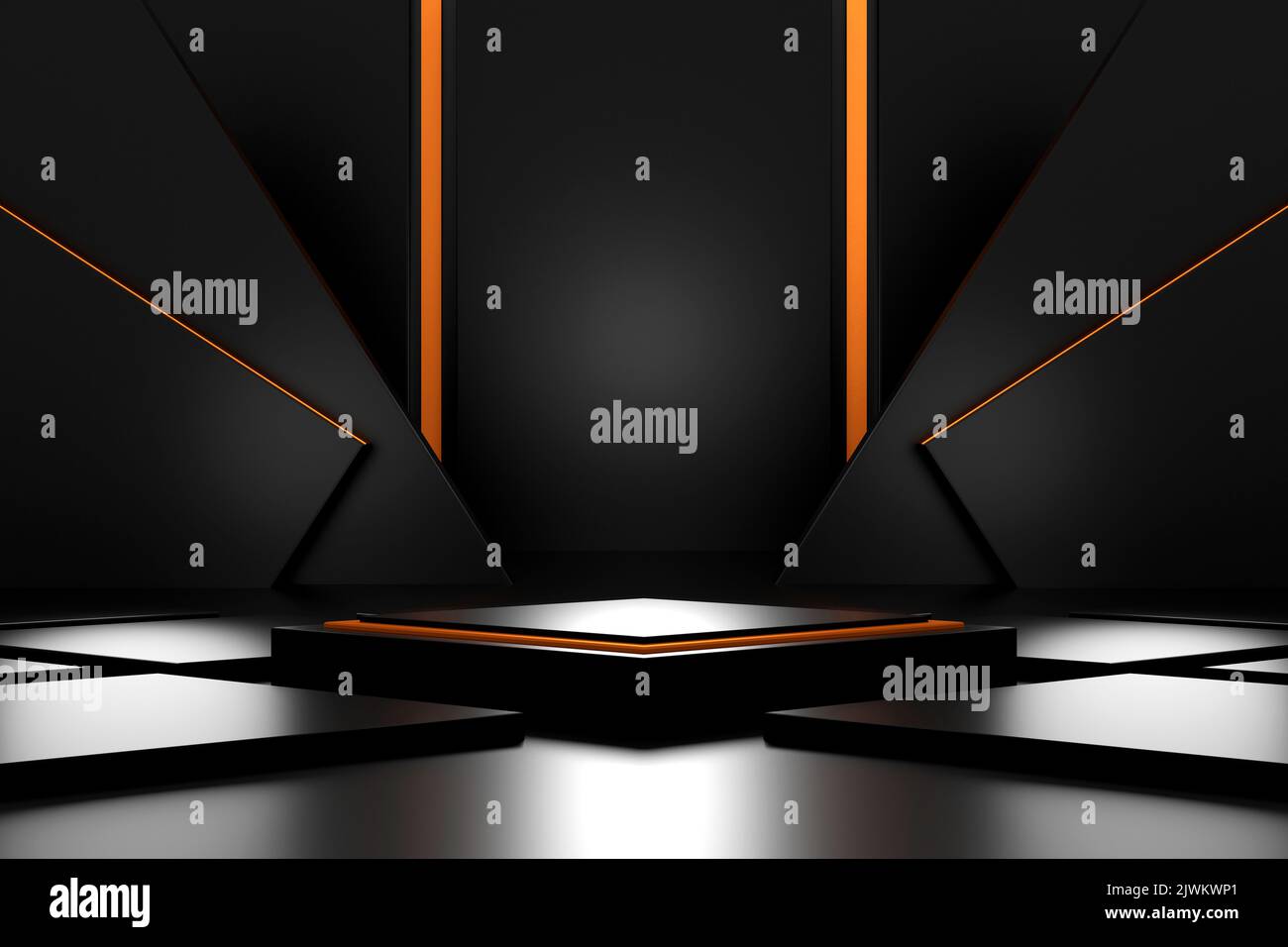 black geometric stage podium and neon light. dark scientific background ...