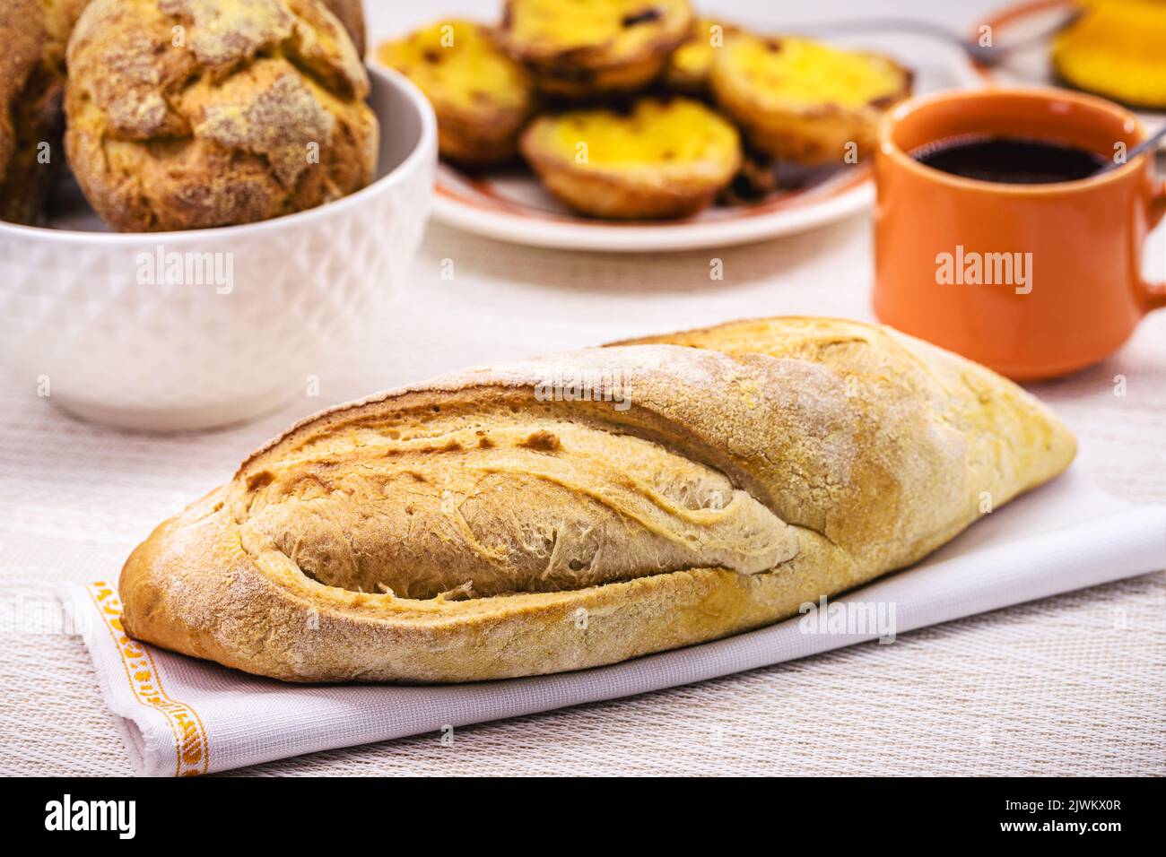 Portuguese bread, called cacete, served for breakfast with bread and ...