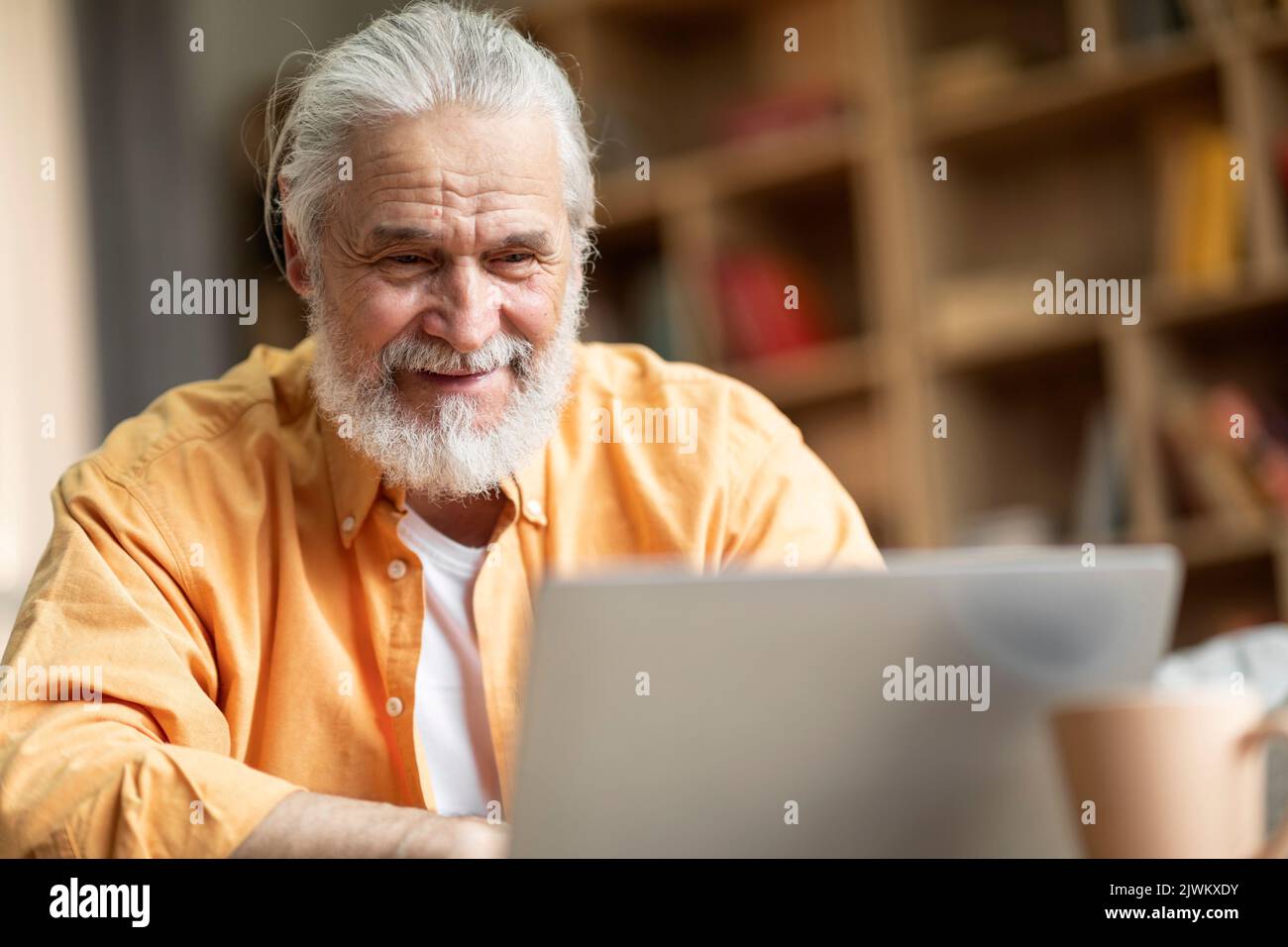 Closeup of happy old man using notebook at home Stock Photo - Alamy