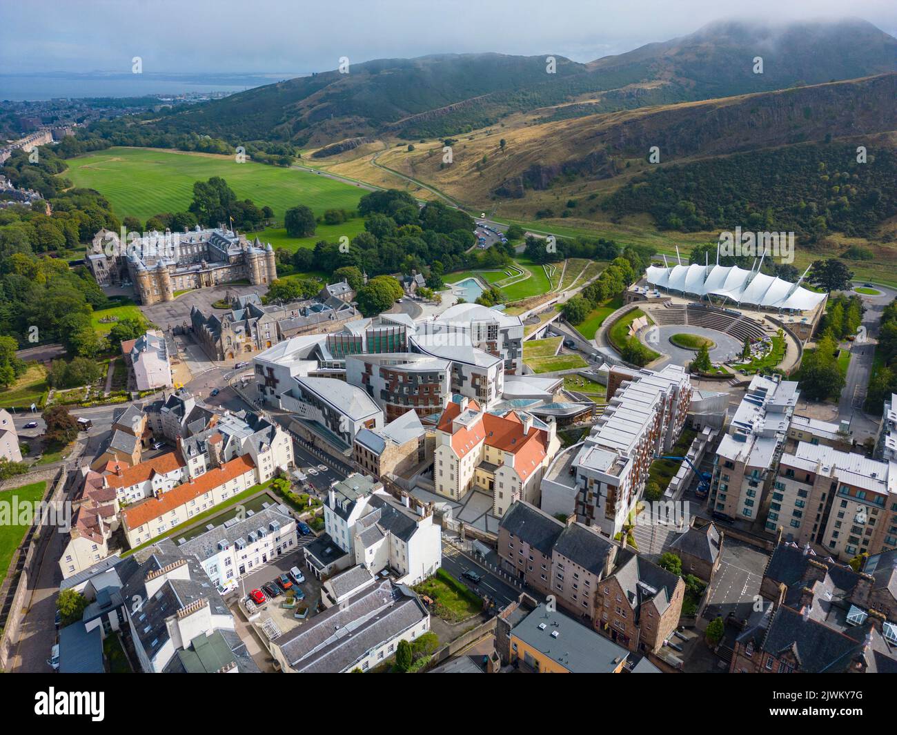 Aerial view of Holyrood area of Edinburgh with Scottish Parliament ...