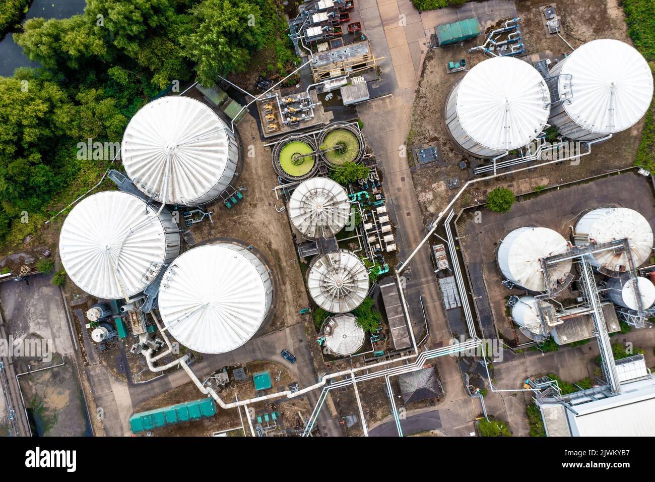 Aerial view directly above storage tanks and silos at a oil or gas ...