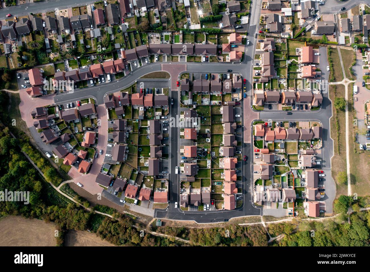 Aerial view directly above a new build housing development on the ...