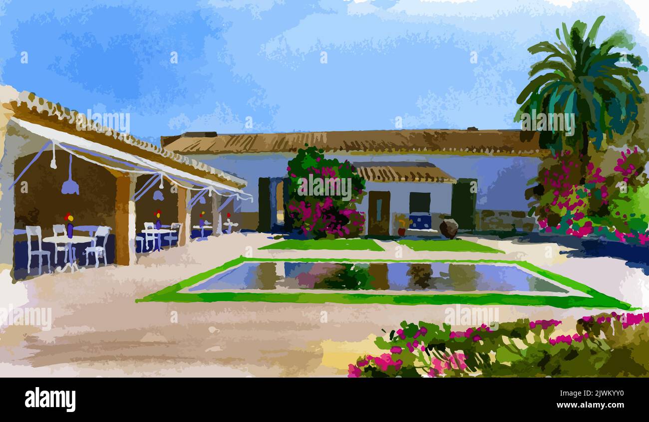 Color drawing of the restaurant exterior. Watercolor sketch, vector ...