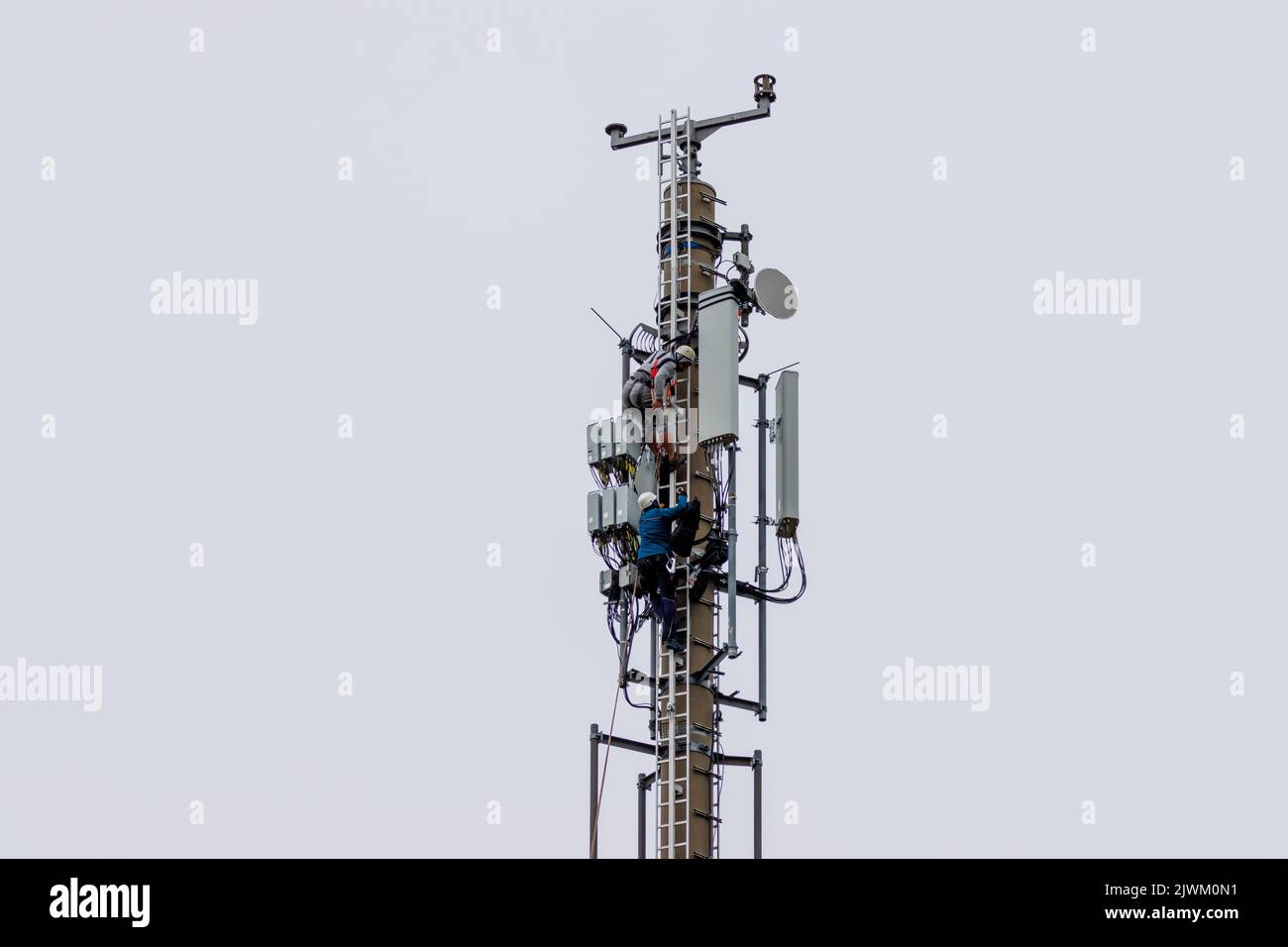 two Telekom technicians perform work on a transmission tower Stock ...